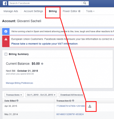 Le fatture di Facebook ADS: addebiti giornalieri